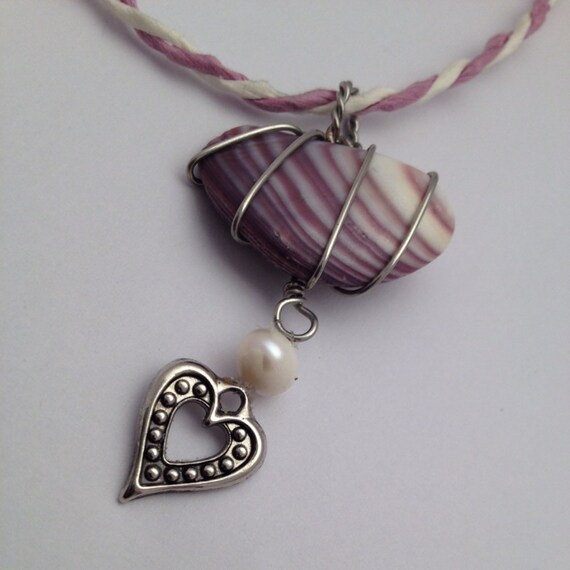 Items similar to Purple Shell Fragment Necklace with dangling Pearl and ...