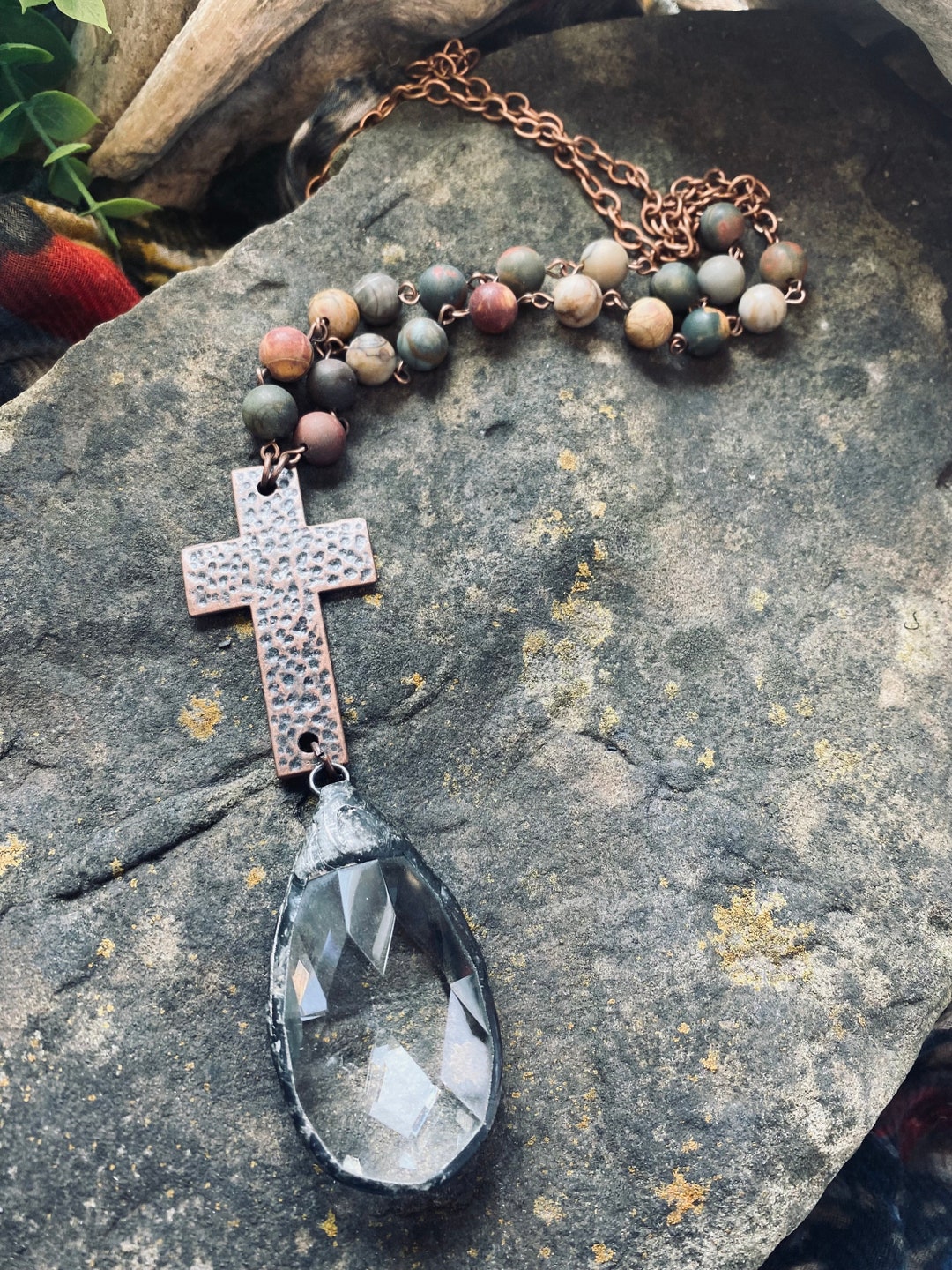 LONG Beaded Copper Color Chain Necklace, Pendant Necklace, Layered ...