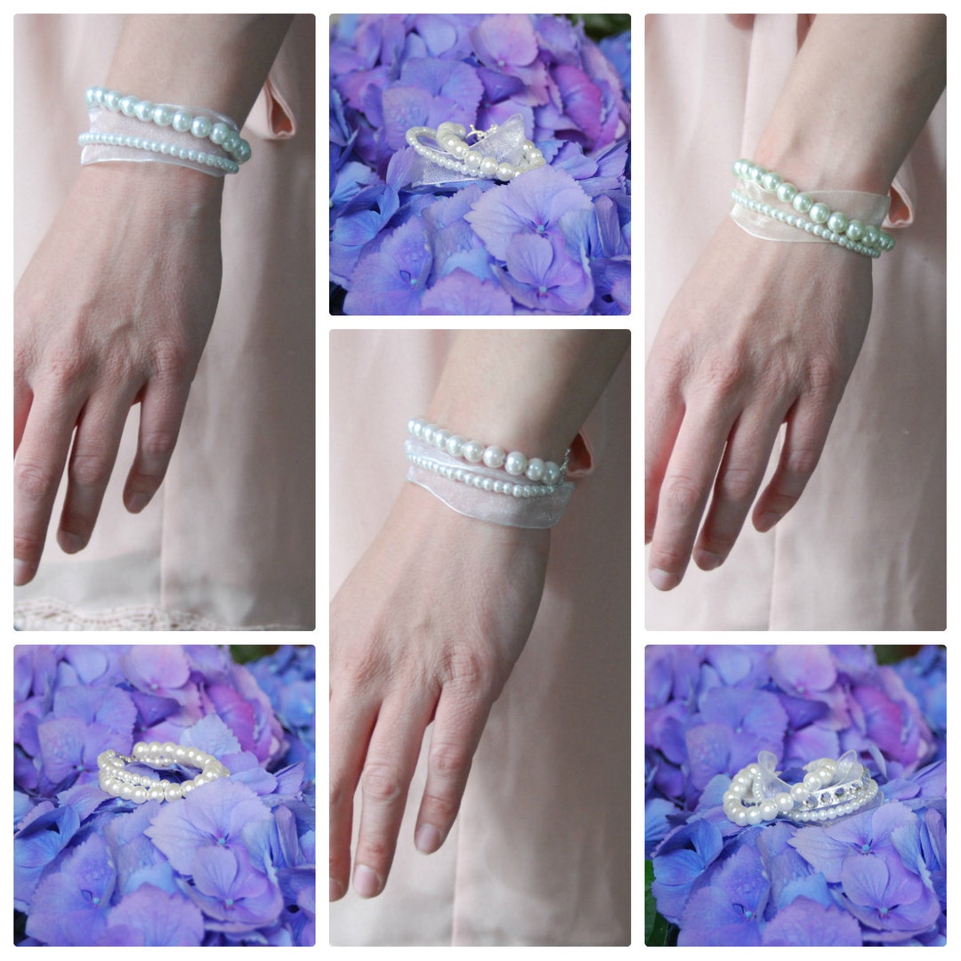 Bridal Cuff Bracelet 2 Strands of Pearls Sheer Ribbon Rhinestones ...