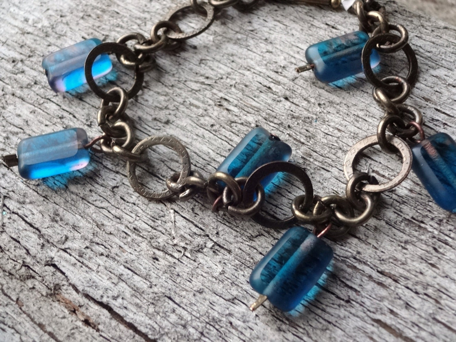 Antique Gold Chain and Dangling Blue Bead Bracelet Unique Chain, Blue ...