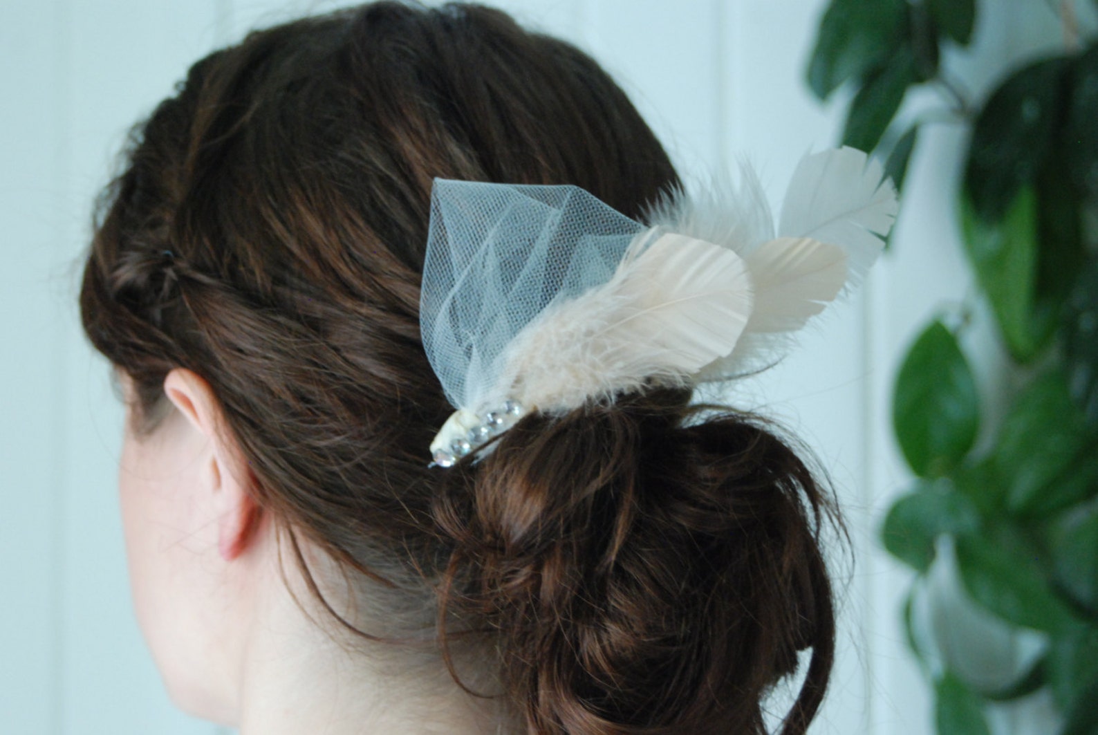 Bridal Feather Facinator With Rhinestones And Tulle White Off White Ivory Rhinestones Diamonds