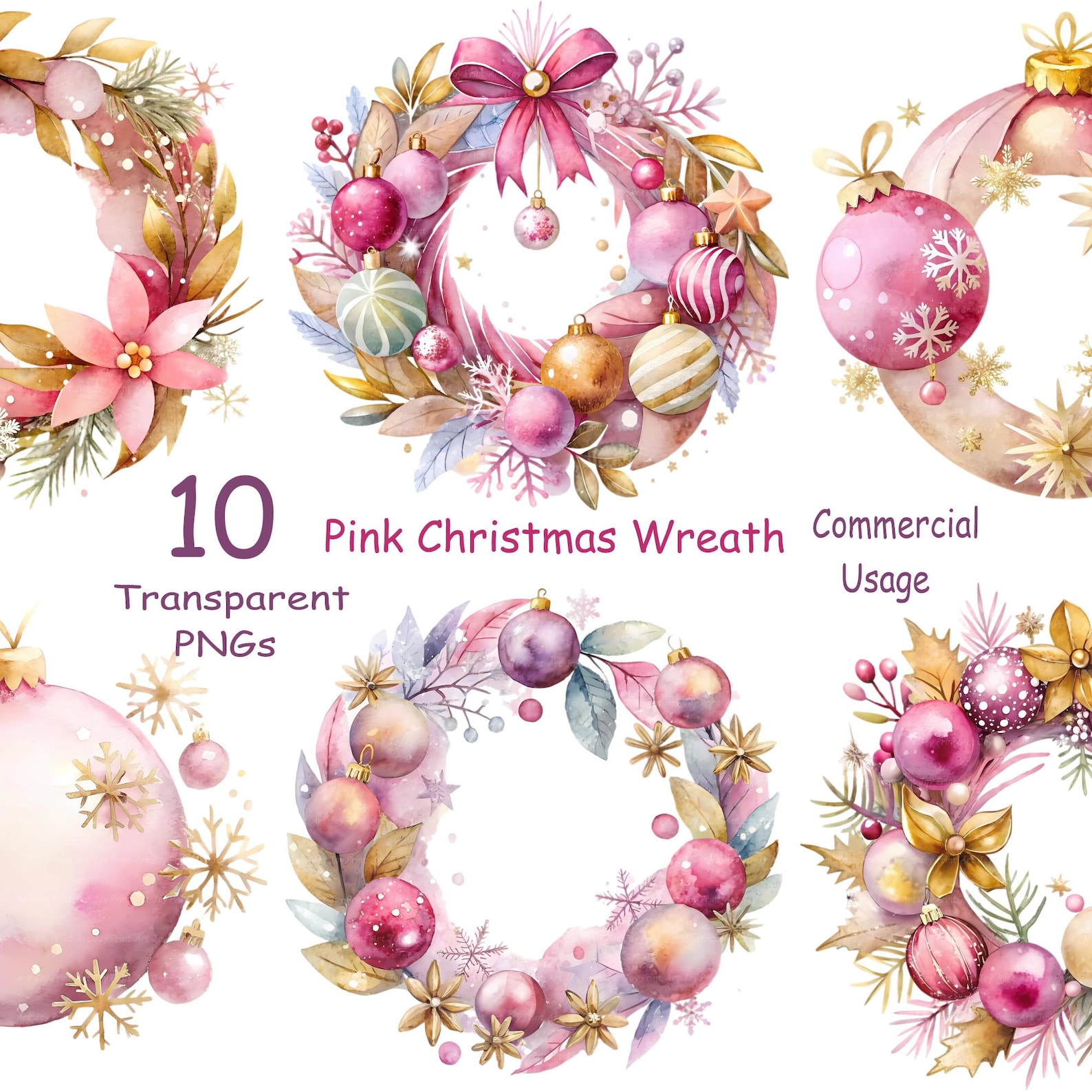10 Pink Christmas Wreath Clipart | Watercolor Holiday Wreaths | Pastel ...