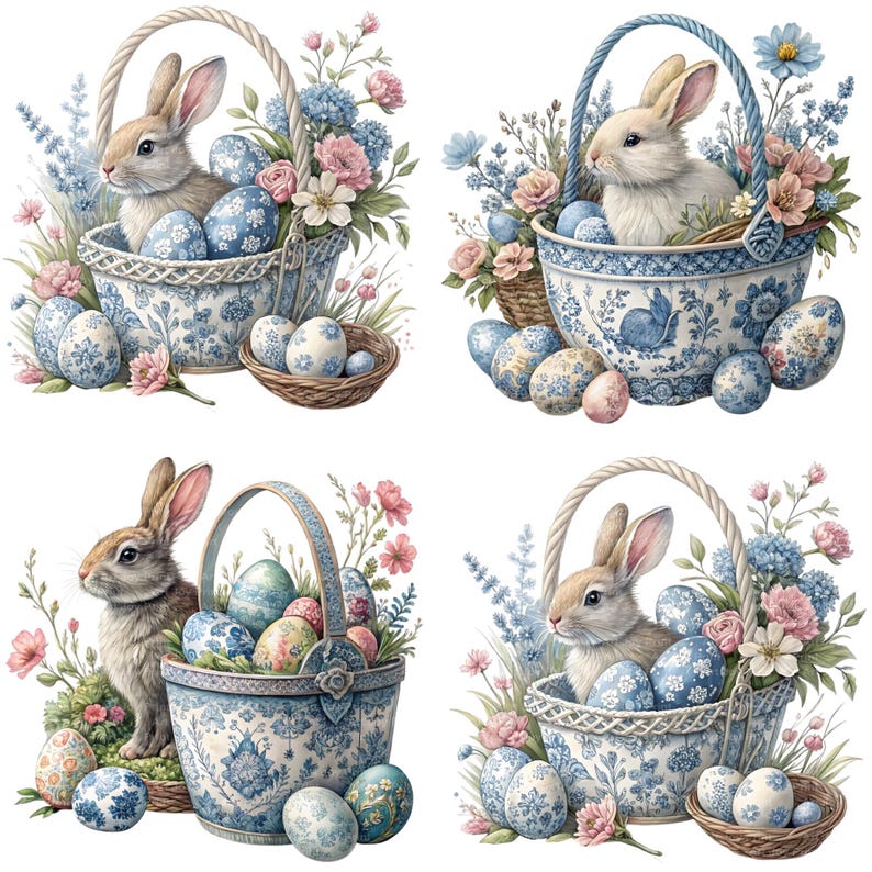 Easter Bunny Basket Clipart Bundle Watercolor Floral Easter Eggs Spring ...