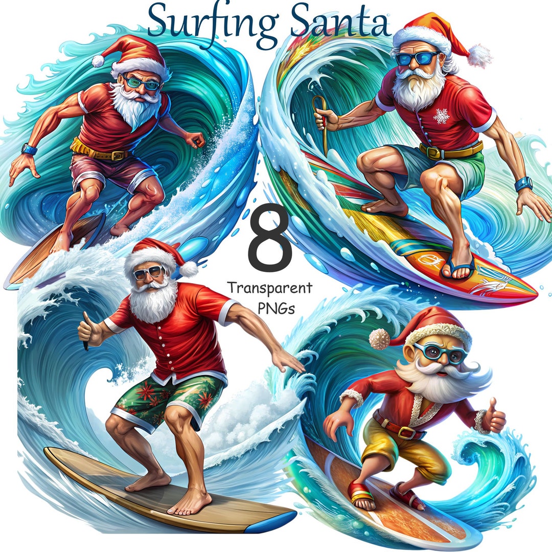 8 High Surfing Santa Clipart – Cool Santa Riding the Waves Pngs for ...