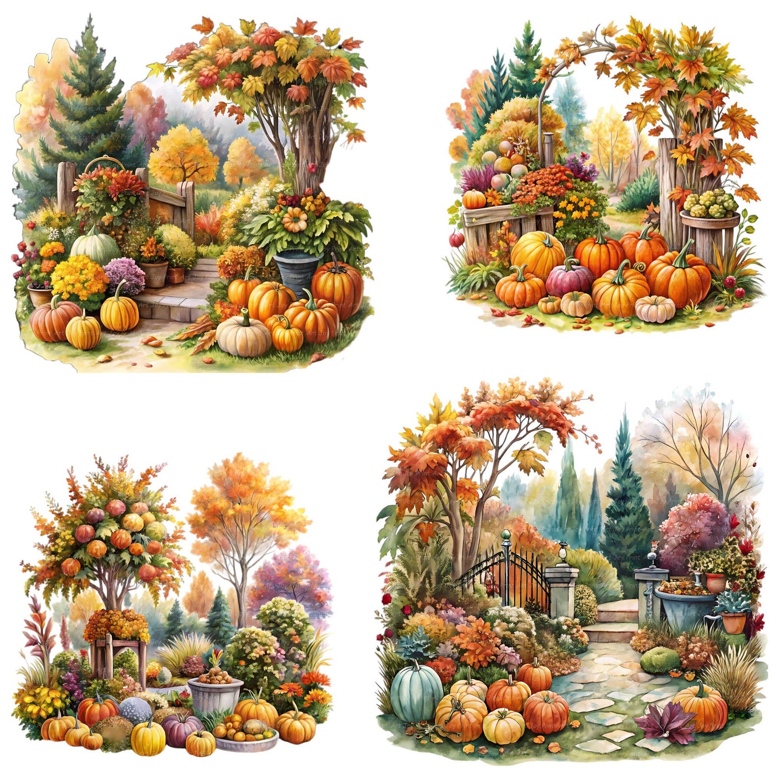 Fall Garden Watercolor Clipart: Autumn Foliage PNG Images (digital ...