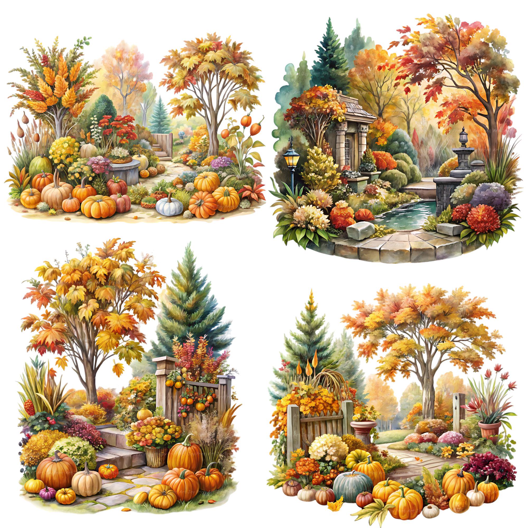 Fall Garden Watercolor Clipart: Autumn Foliage PNG Images (digital ...