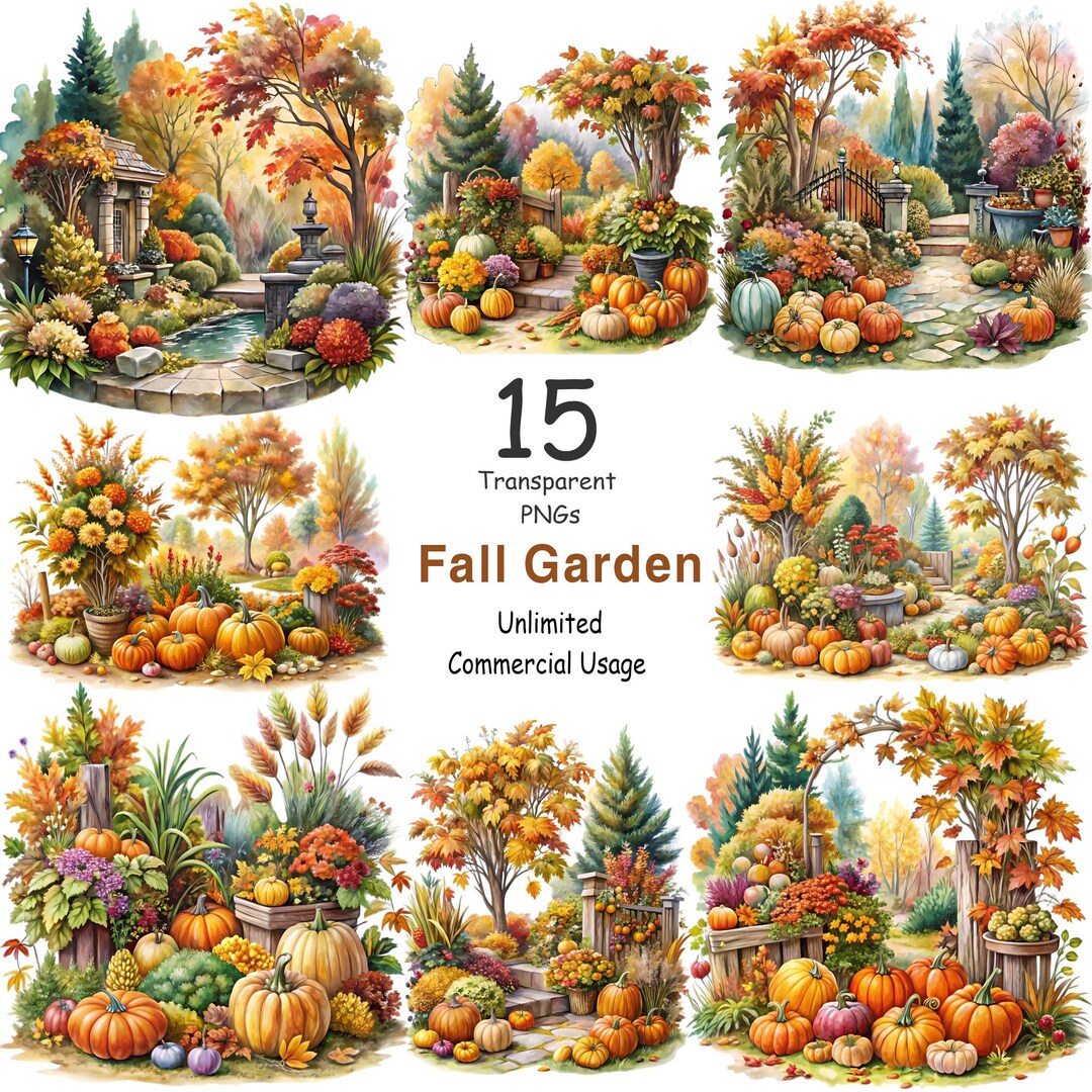 Fall Garden Watercolor Clipart: Autumn Foliage PNG Images (digital ...