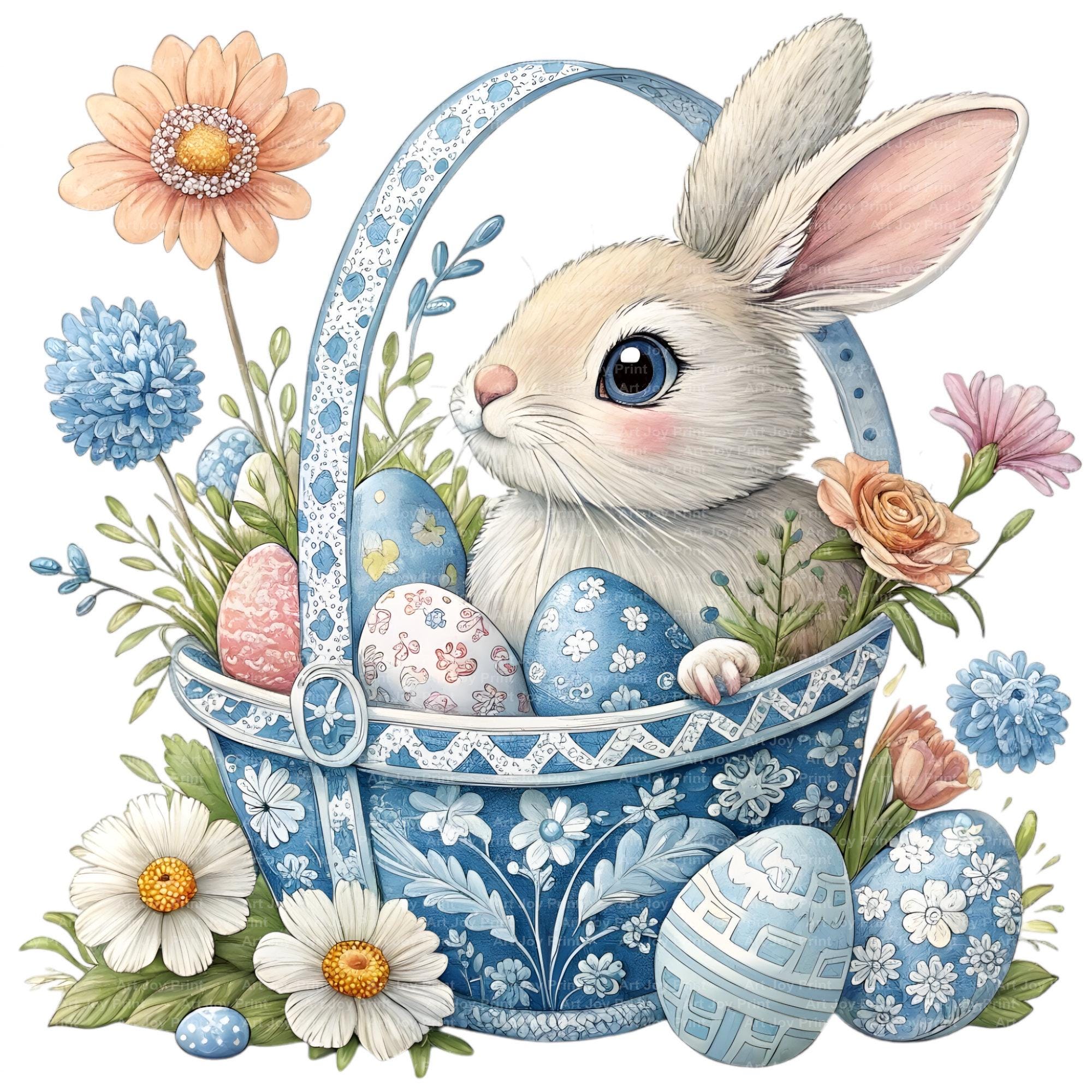 Easter Bunny Basket Clipart Bundle Watercolor Floral Easter Eggs Spring ...