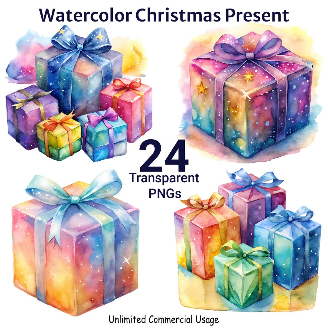 24 Watercolor Christmas Present Clipart | Festive Gift Box Pngs ...