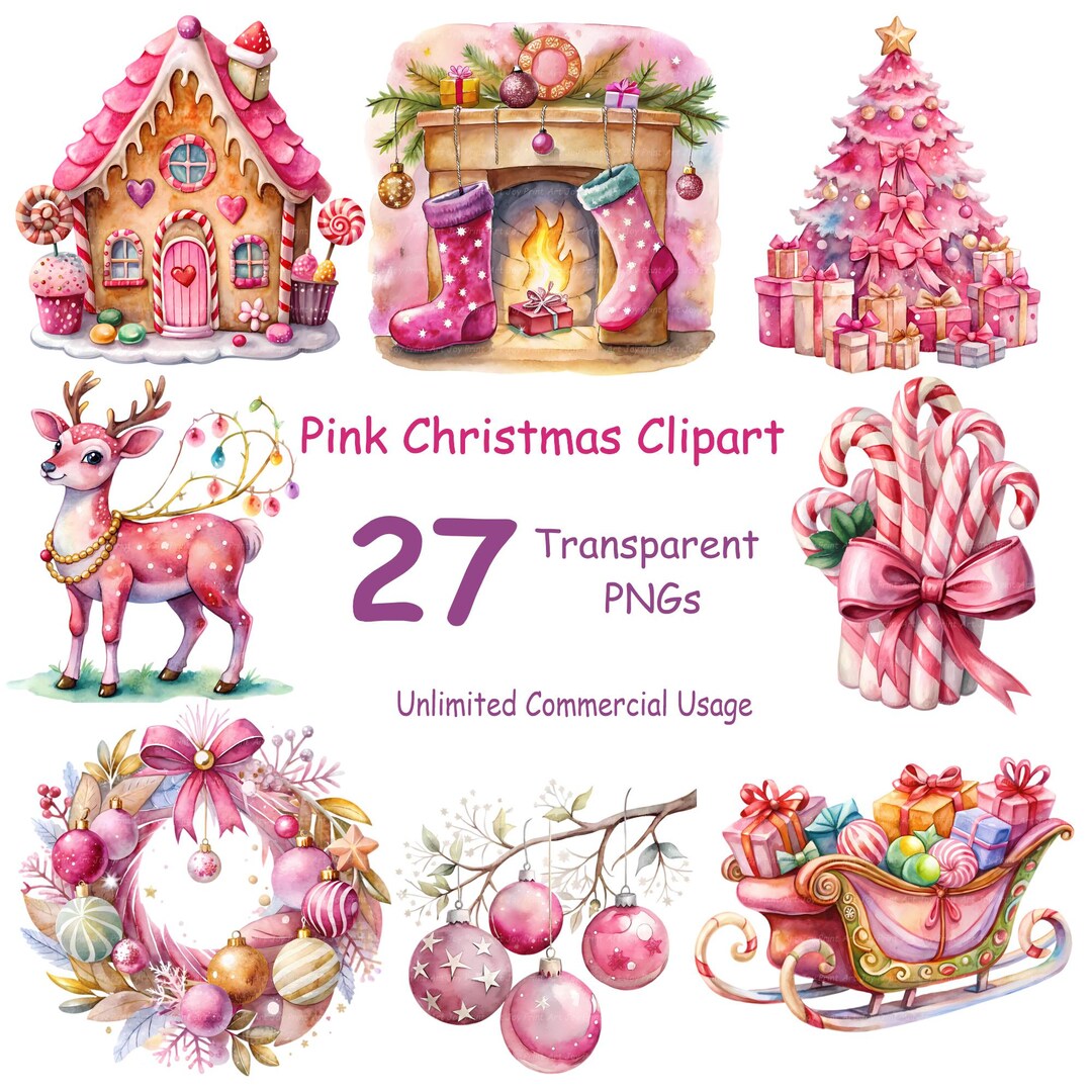 Watercolor Pink Christmas Clipart Bundle: Boho Holiday Pngs (digital ...