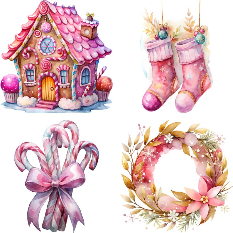 Watercolor Pink Christmas Clipart Bundle: Boho Holiday Pngs (digital ...