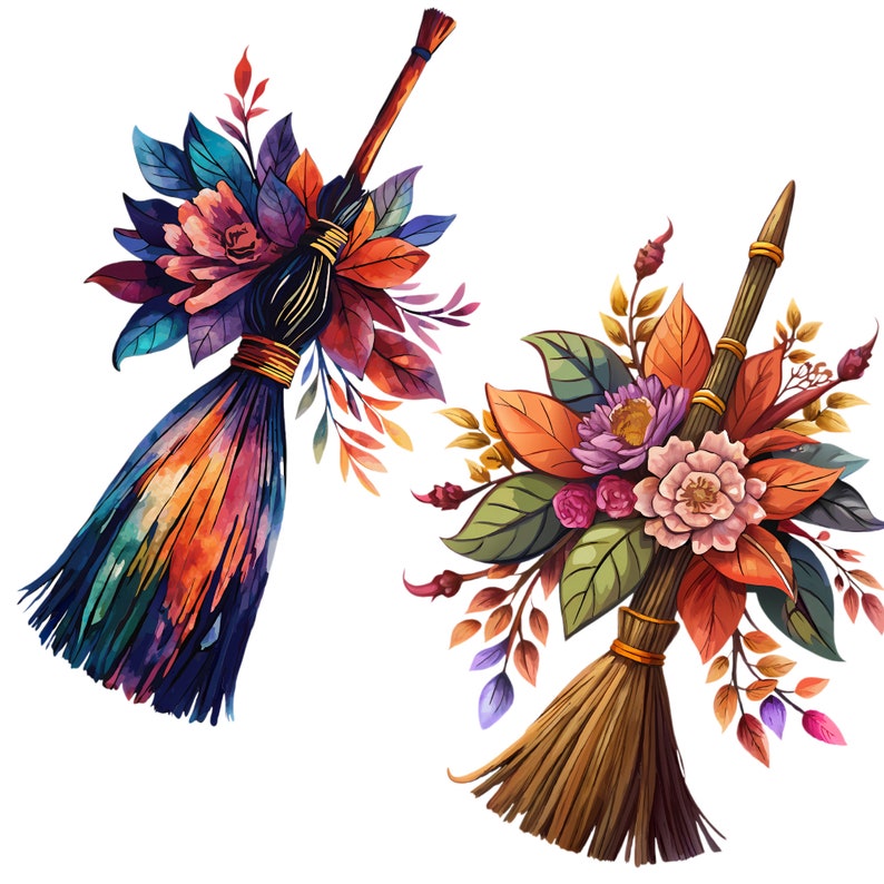 Watercolor Floral Broom Clipart: Rustic Halloween PNG (commercial Use ...