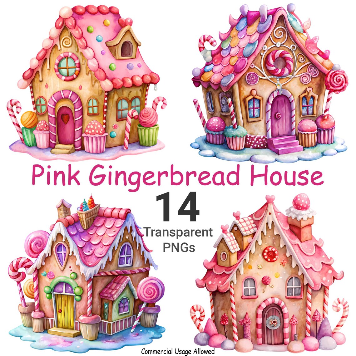 14 Pink Watercolor Gingerbread House Clipart Bundle, Cute Christmas ...