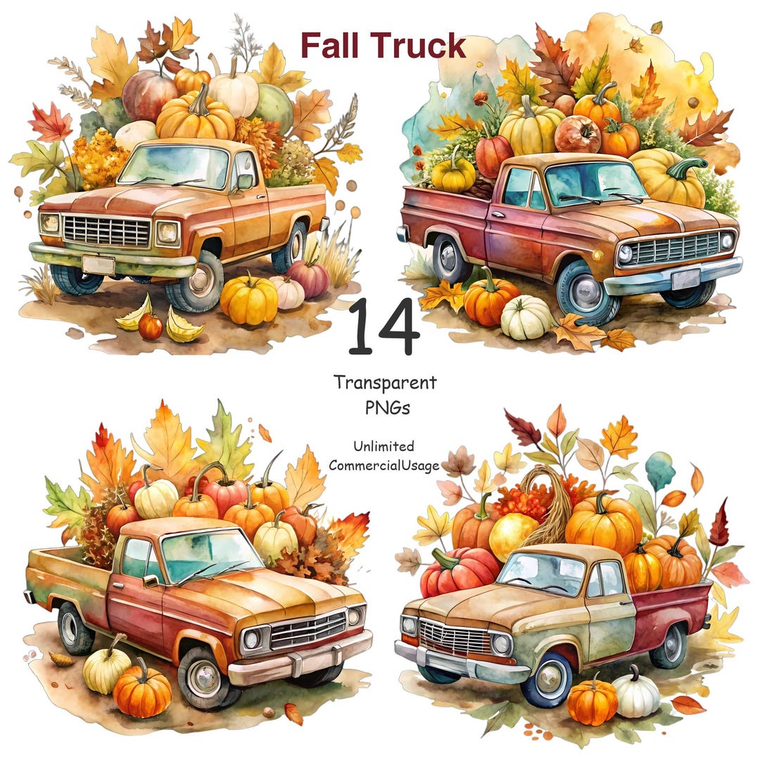 12 Watercolor Fall Trucks Clipart, Farm Truck Autumn PNG, Pumpkin Truck ...