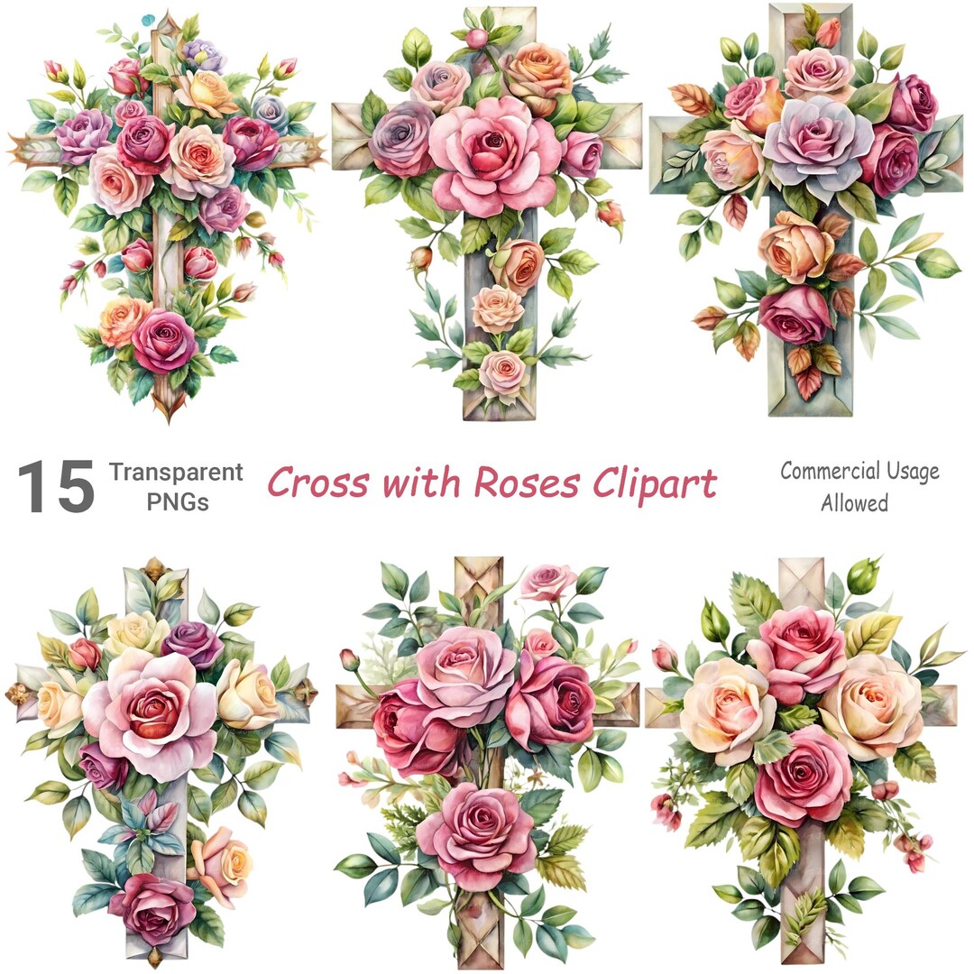15 Cross With Roses Clipart – Elegant Easter Cross PNG Graphics for ...