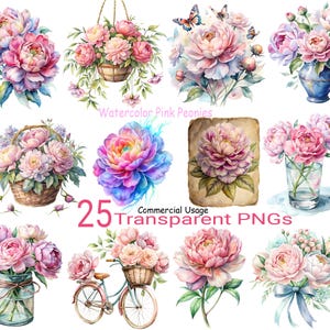25 Pink Peonies Clipart Bundle | Watercolor Printable Floral PNG | High ...