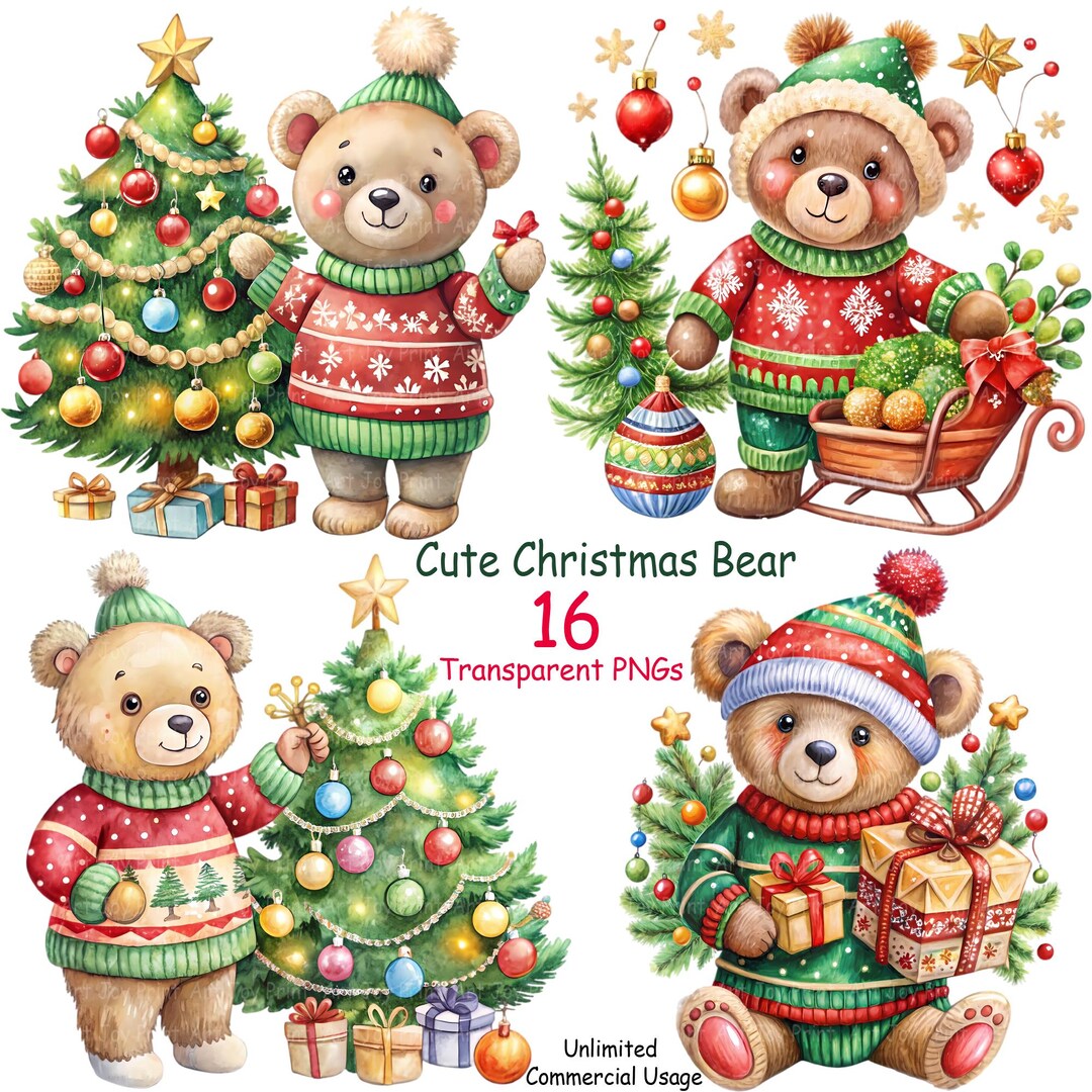 Watercolor Christmas Bear Clipart Bundle: 16 Pngs (commercial Use) - Etsy