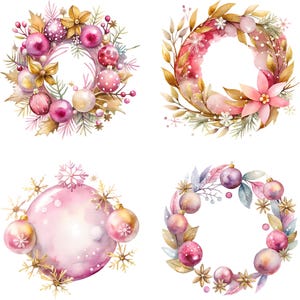 10 Pink Christmas Wreath Clipart | Watercolor Holiday Wreaths | Pastel ...
