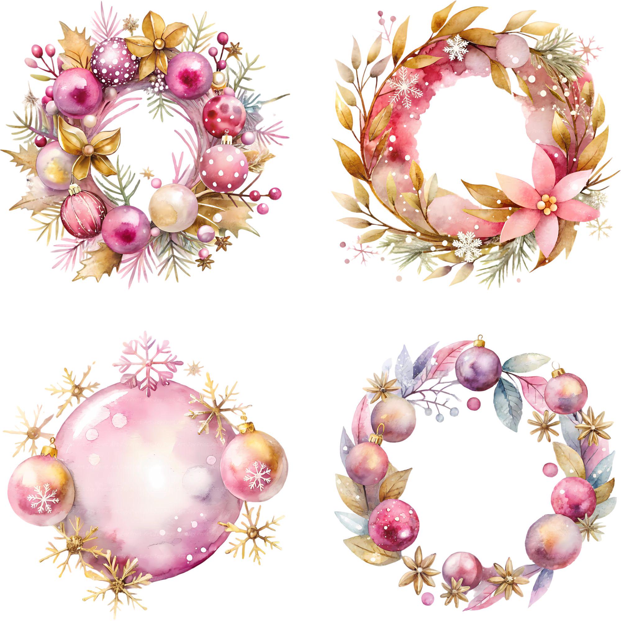 Pink Christmas Wreath Clipart: Watercolor Holiday Pngs (digital ...
