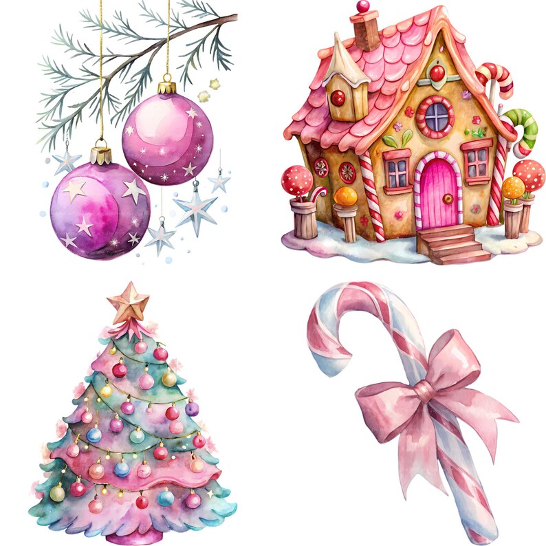 Watercolor Pink Christmas Clipart Bundle: Boho Holiday Pngs (digital ...