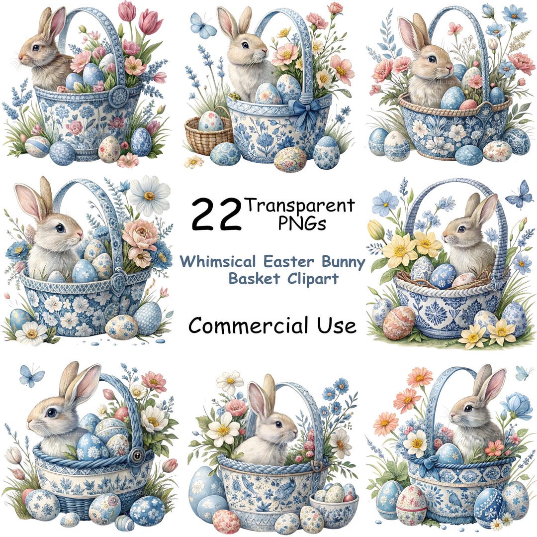 Easter Bunny Basket Clipart Bundle Watercolor Floral Easter Eggs Spring ...