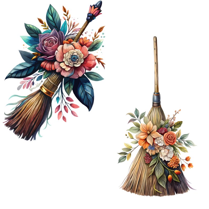 Watercolor Floral Broom Clipart: Rustic Halloween PNG (commercial Use ...