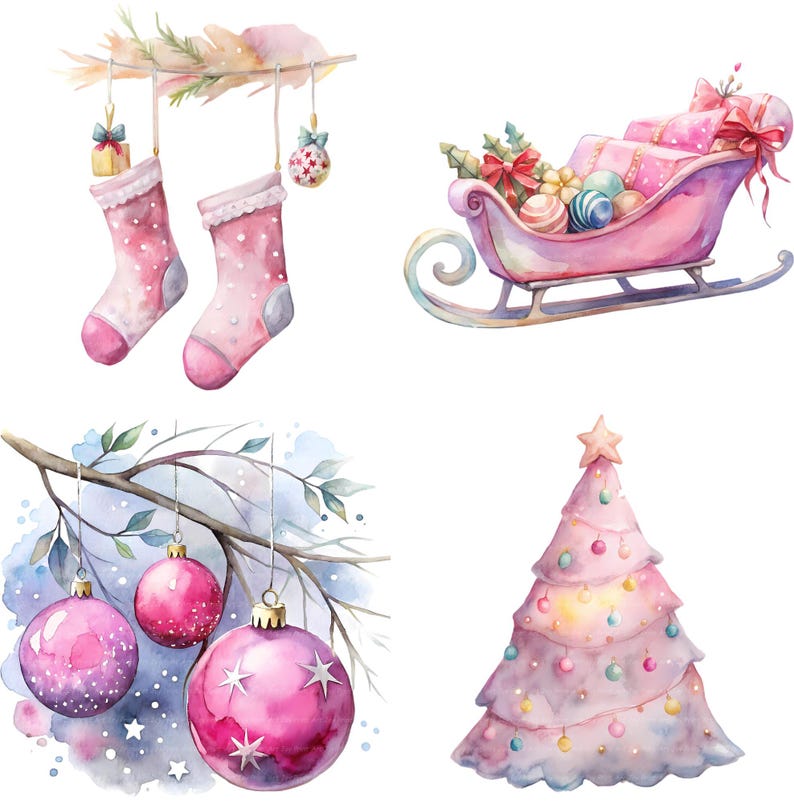 Watercolor Pink Christmas Clipart Bundle: Boho Holiday Pngs (digital ...