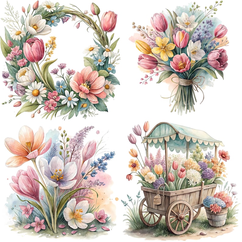 Watercolor Spring Flowers Clipart: Bouquets, Wreaths, Vases (pngs ...