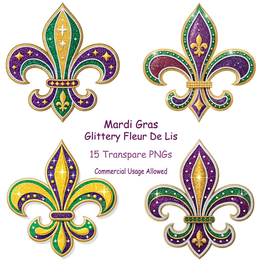 Glittery Mardi Gras Fleur De Lis Clipart: 15 PNG Graphics (digital ...