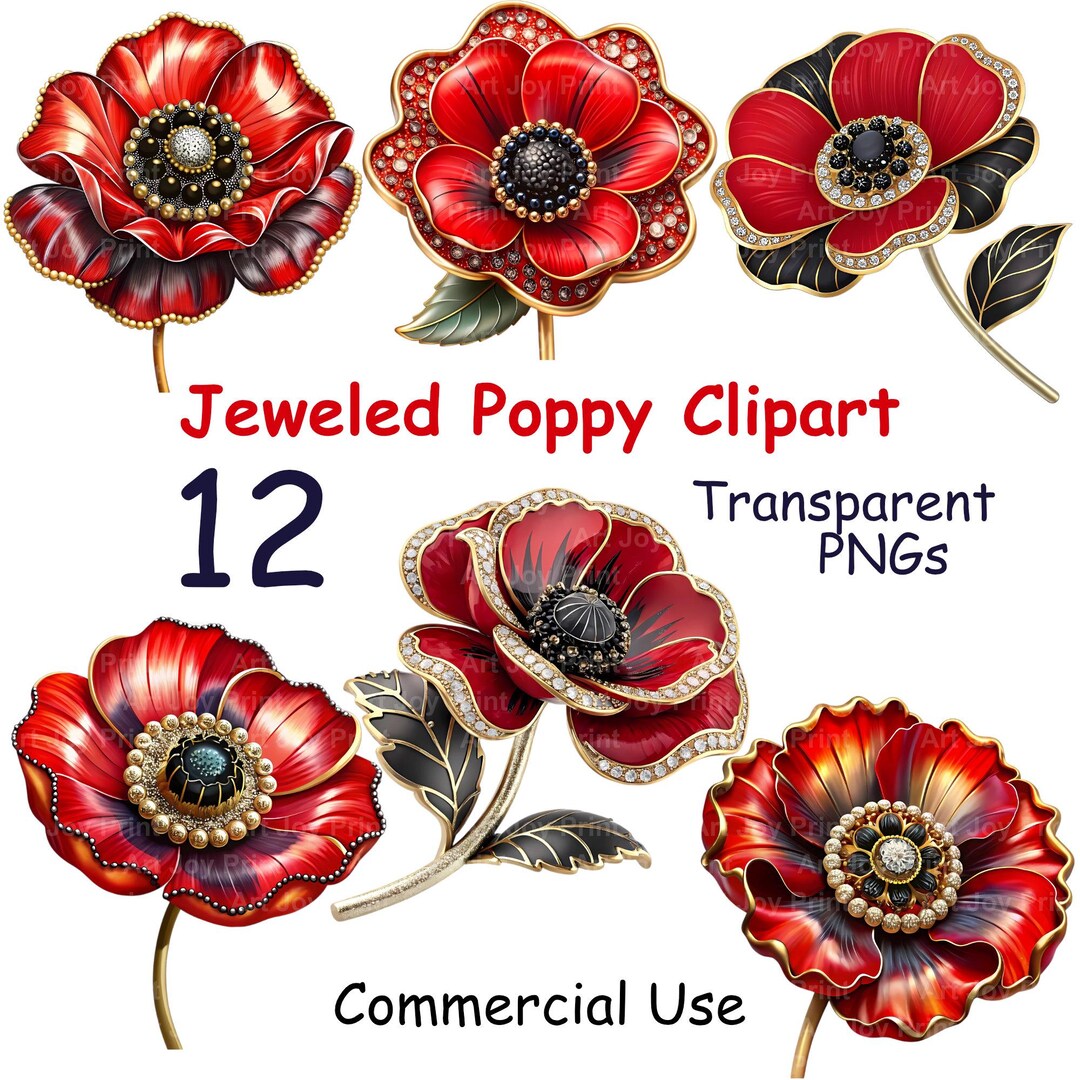 Jeweled Poppy Clipart Pack of 12, Luxury Floral Gemstone Style Flower ...