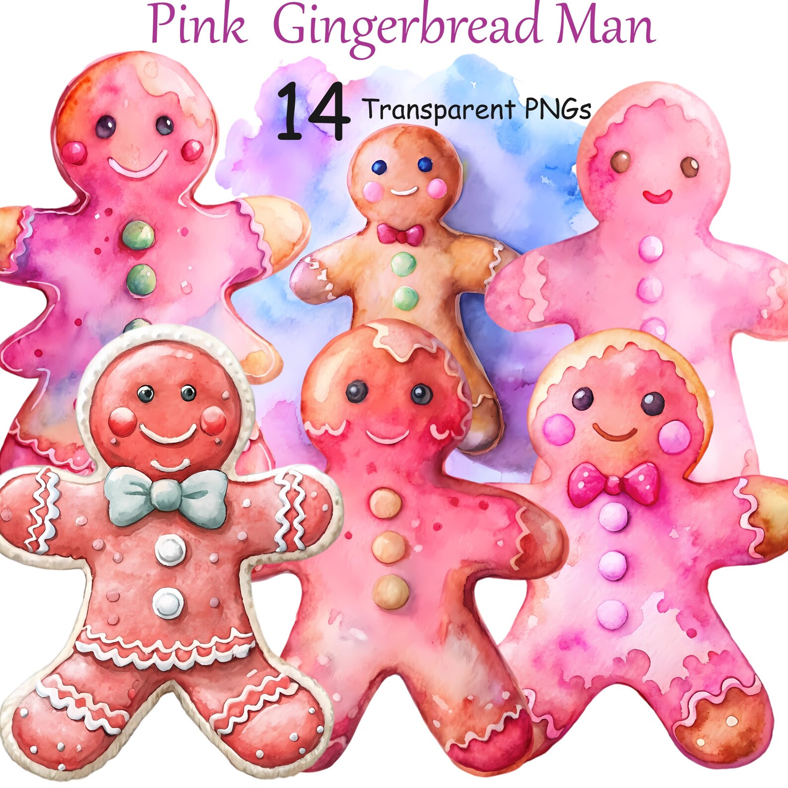 Watercolor Pink Gingerbread Man Clipart: Holiday Crafts (digital ...