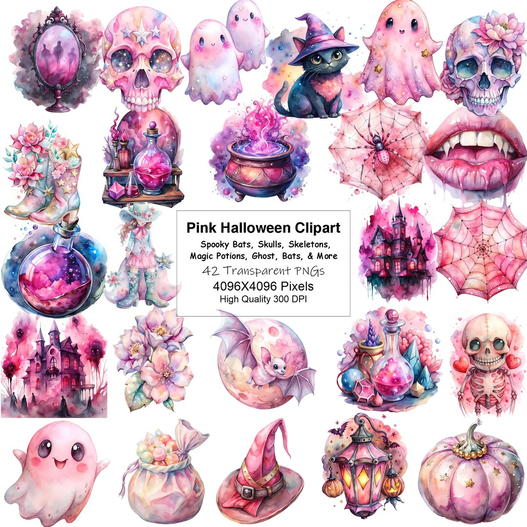 Pink Halloween Clipart Bundle: Spooky Bats, Skulls, Ghosts (digital ...