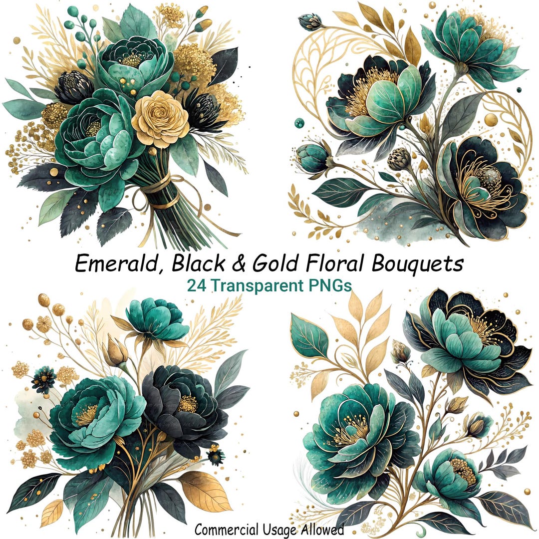 Emerald, Black & Gold Floral Clipart: 24 PNG Bouquet Bundle (digital ...