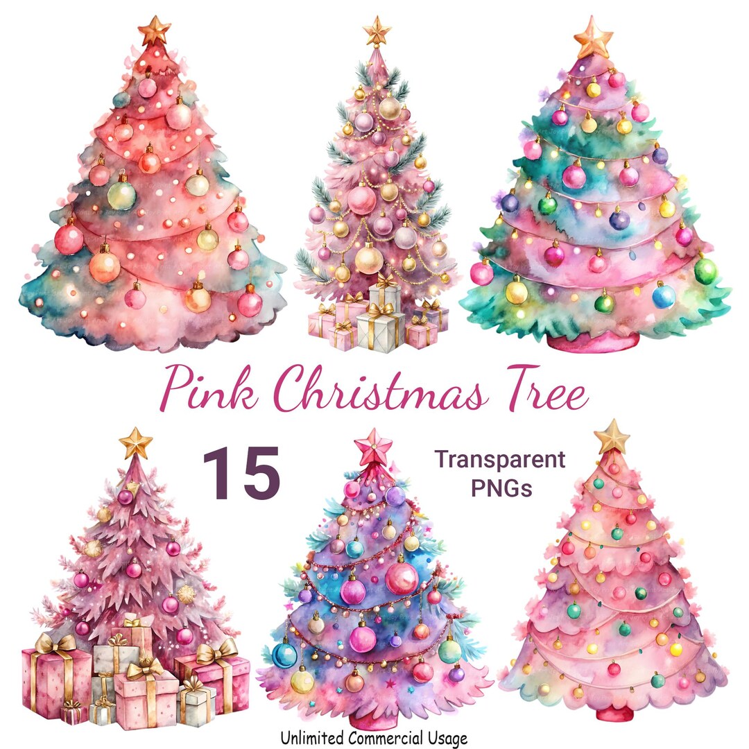 Pink Christmas Tree Clipart Bundle | Watercolor Holiday Pngs (digital ...