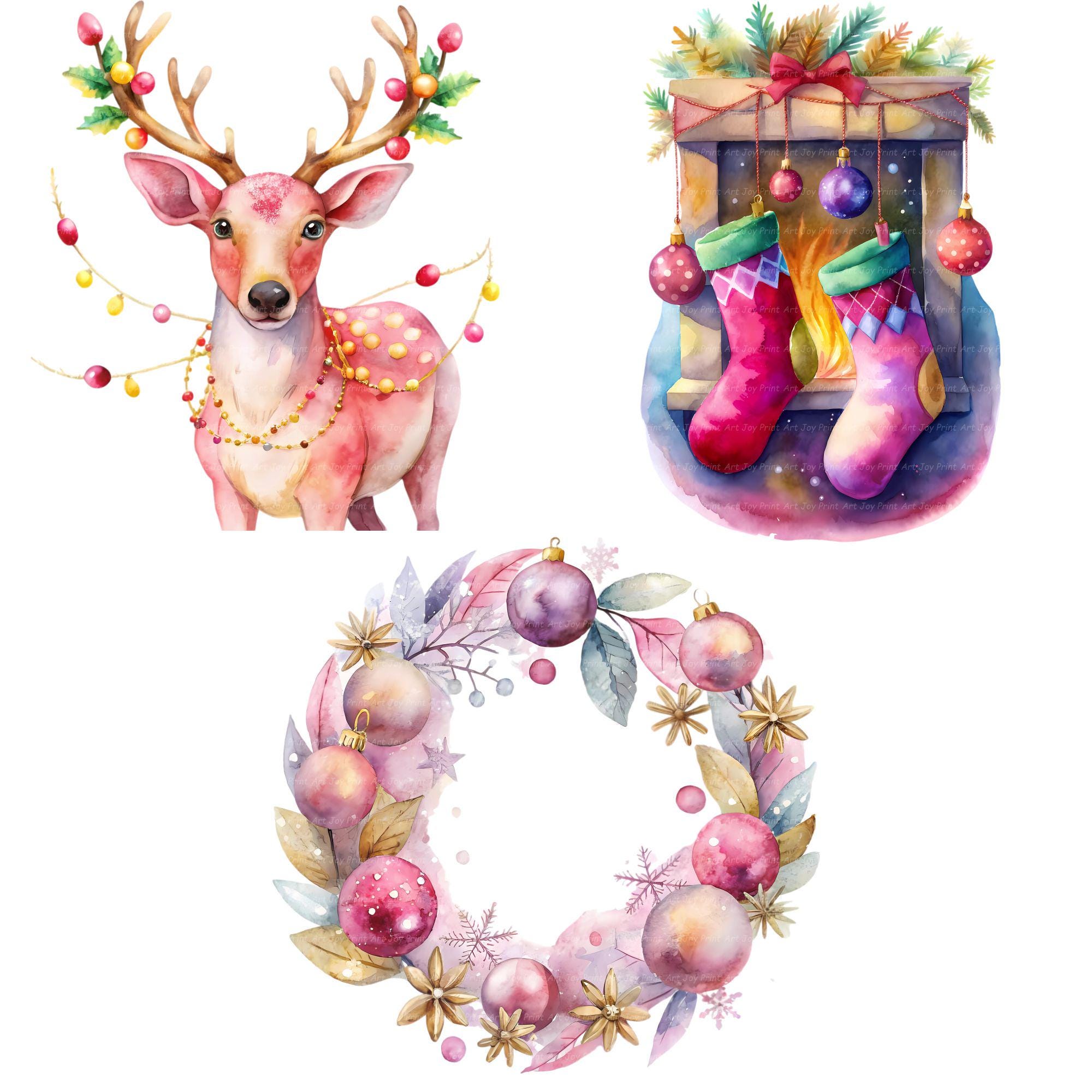 Watercolor Pink Christmas Clipart Bundle Boho Holiday Pngs, Gingerbread ...