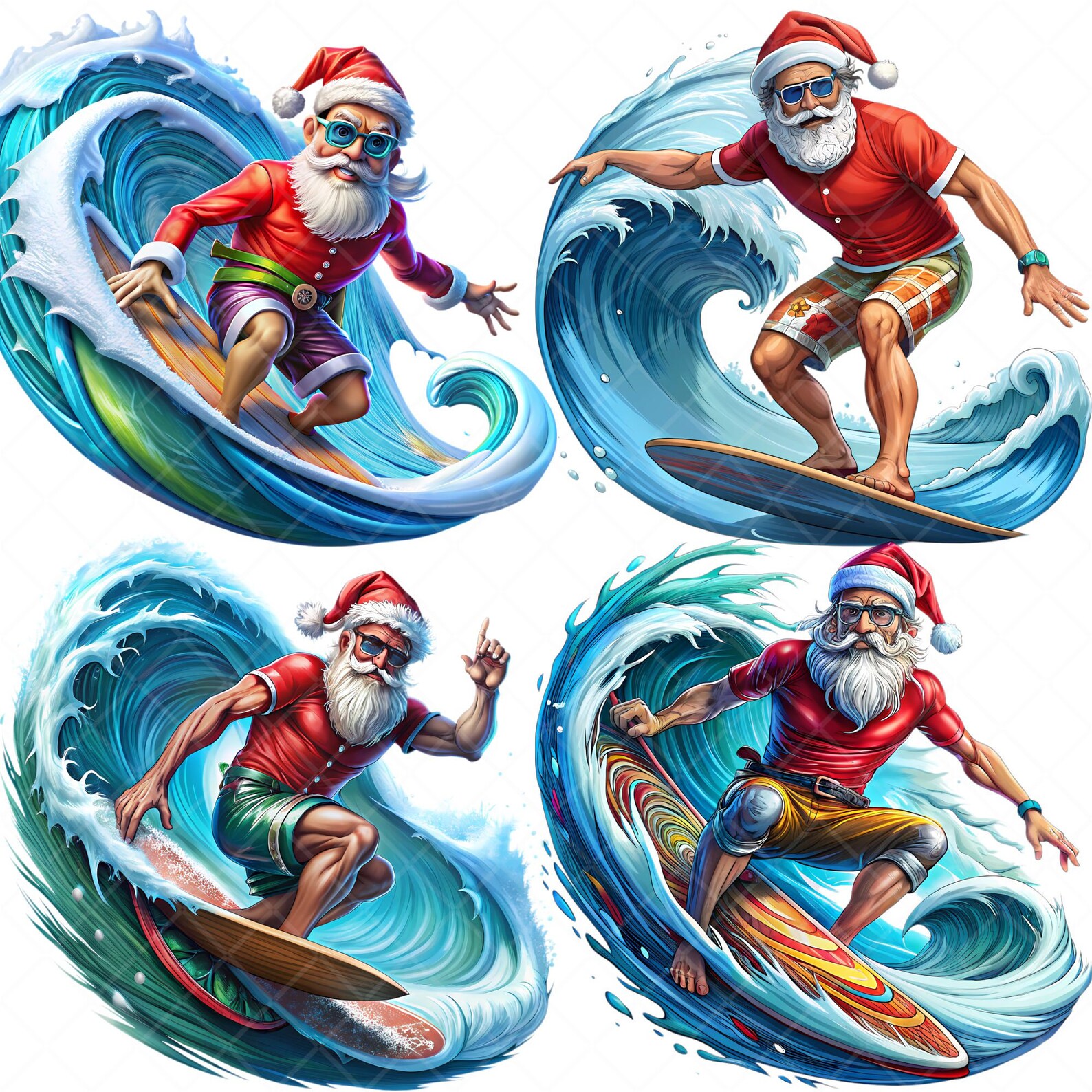 8 High Surfing Santa Clipart – Cool Santa Riding the Waves Pngs for ...