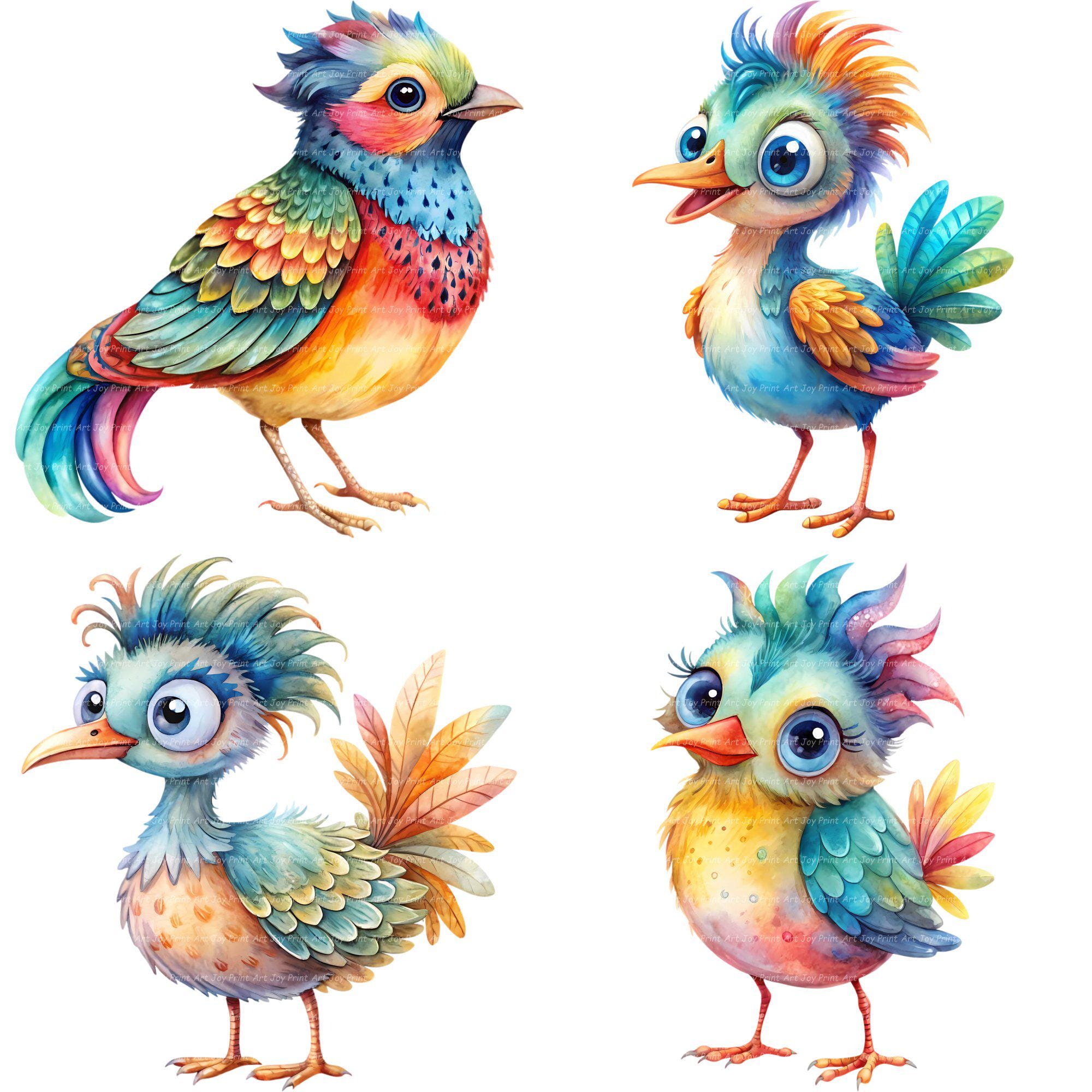 Whimsical Watercolor Bird Clipart: Funny Animal PNG Graphics (digital ...