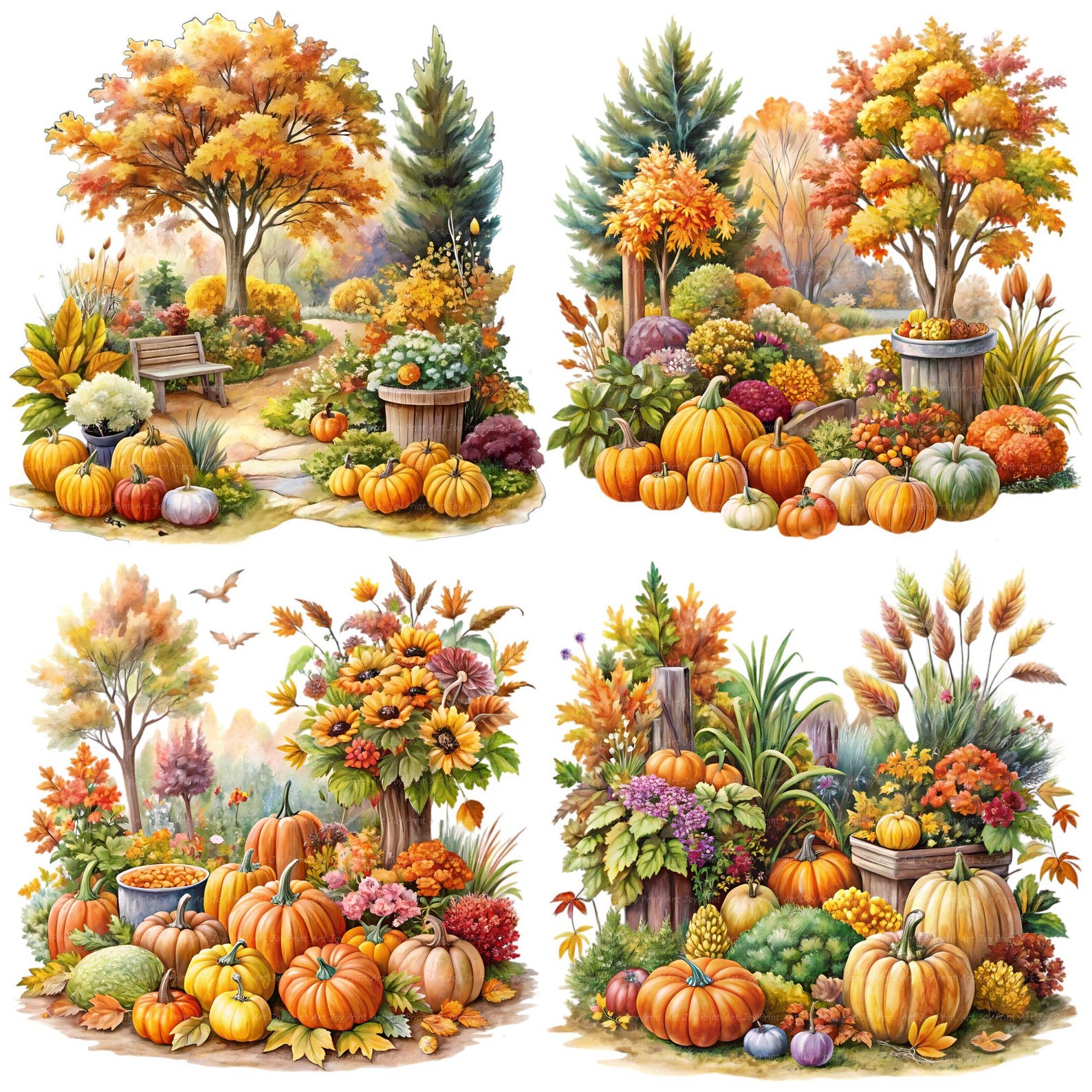 Fall Garden Watercolor Clipart: Autumn Foliage PNG Images (digital ...