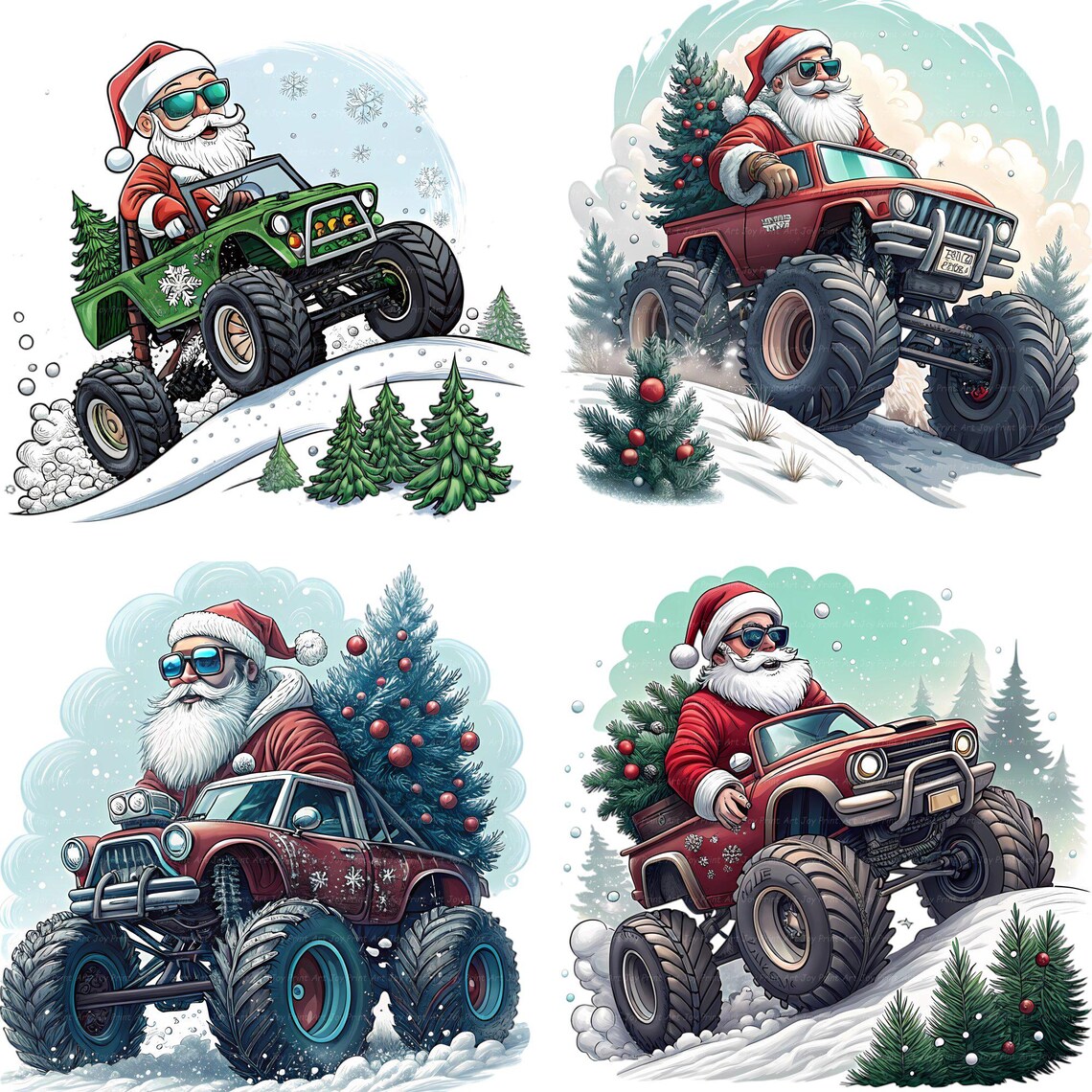 Santa Monster Truck Clipart Christmas Png Bundle Digital Download