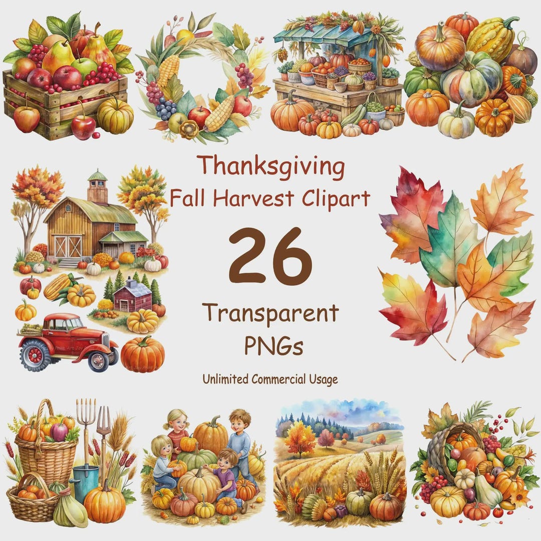 Thanksgiving Clipart PNG Bundle: Fall Harvest Graphics (commercial Use ...