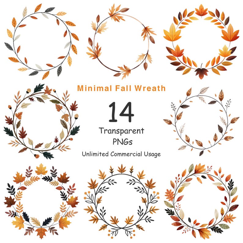 Watercolor Fall Wreath Clipart: Minimal Autumn Leaves (digital Download ...