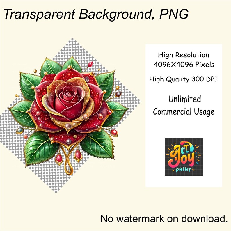 Luxury Jeweled Red Rose Clipart, Gemstone Floral PNG (digital Download ...