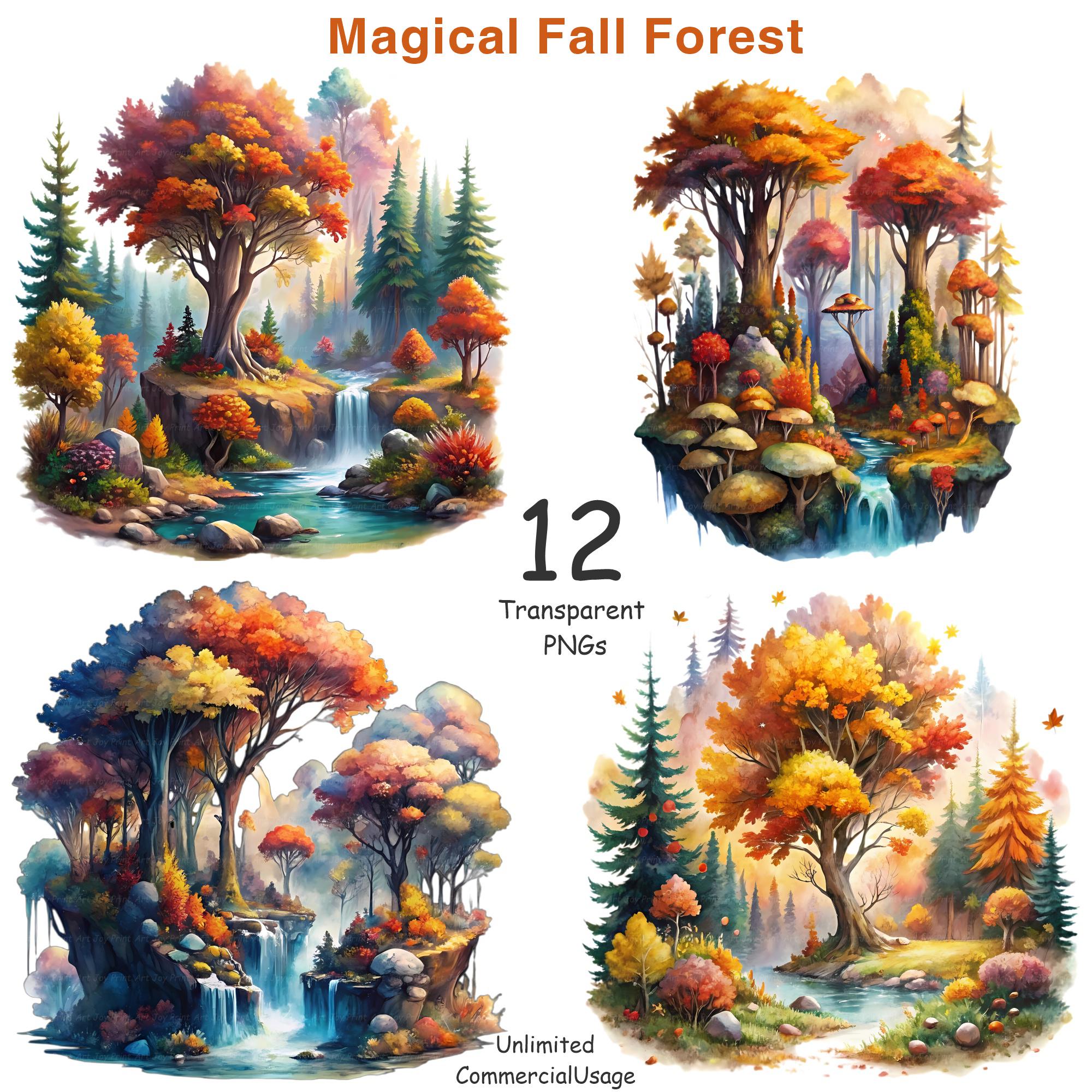 12 Fall Magical Forest Clipart, Watercolor Autumn Forest, Fall Trees ...
