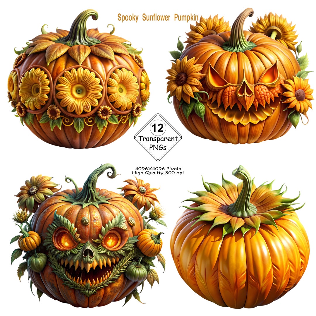 12 Spooky Sunflower Pumpkin Clipart Bundle – Scary Halloween Pumpkin ...
