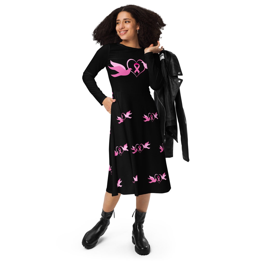 All-over Print Long Sleeve Midi Dress, Breast Cancer Dress, Cancer ...