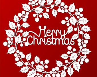 Merry Christmas Wreath Printable Holly Berry Wreath Clipart Black ...