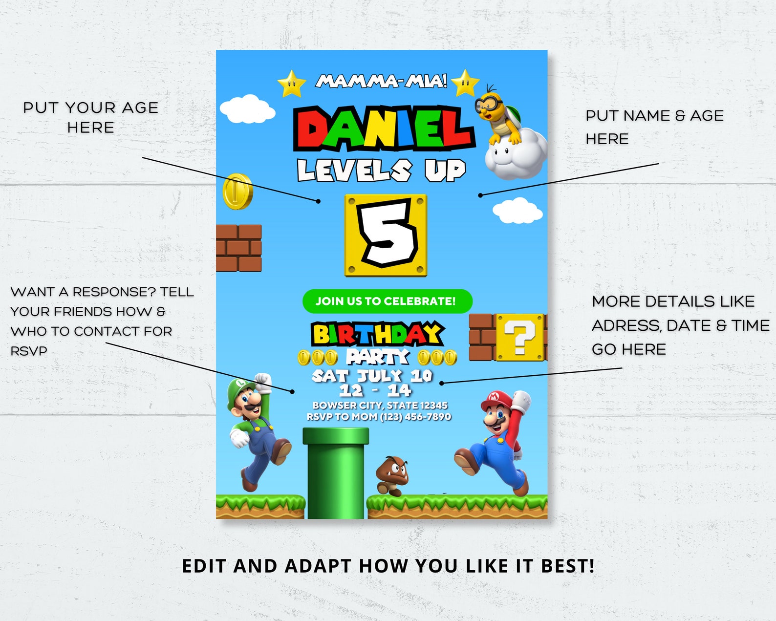 Super Mario Bros Movie Ticket Invitation Customizable Mario Bros ...