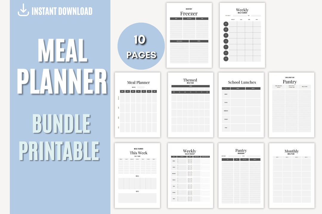 Meal Planner Bundle Printable | Weekly & Monthly Menu Planner With Freezer and Pantry Inventory ...
