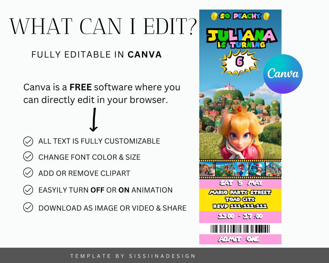 Super Mario Bros Ticket Invitation Customizable Mario Bros Birthday ...