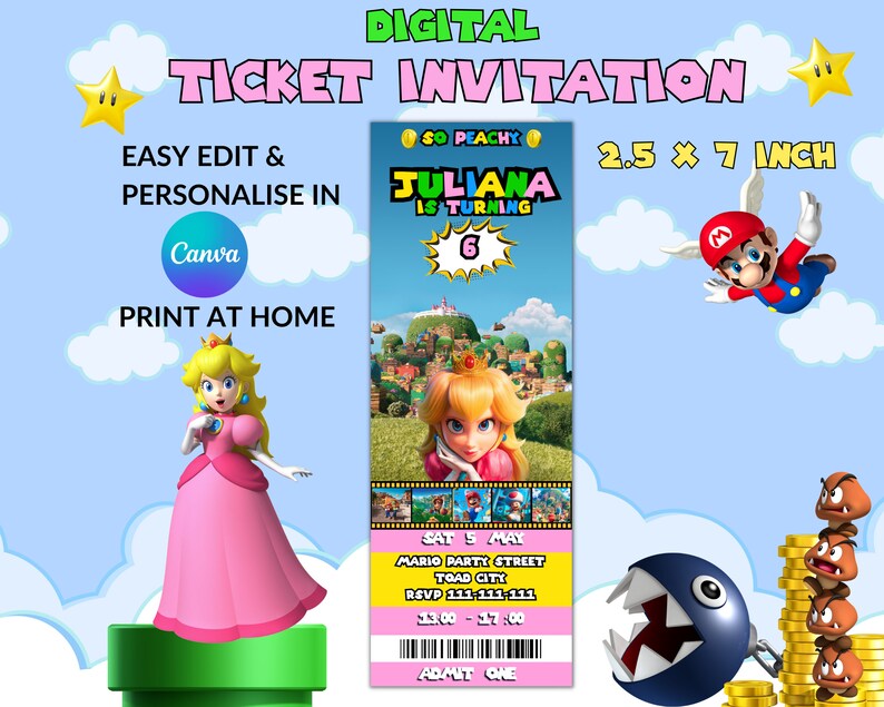 Super Mario Bros Ticket Invitation Customizable Mario Bros Birthday ...